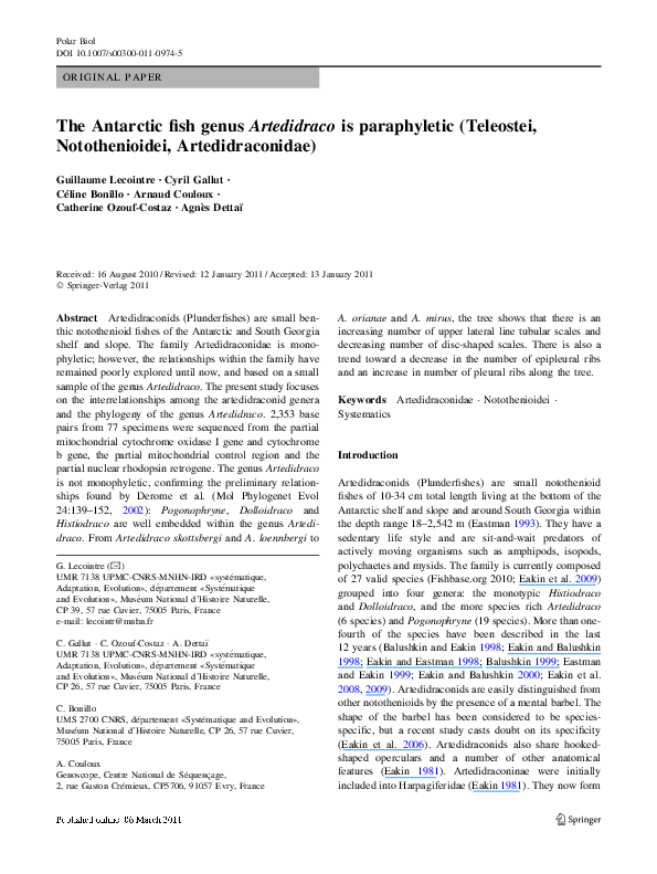 (PDF) The Antarctic fish genus Artedidraco is paraphyletic (Teleostei ...