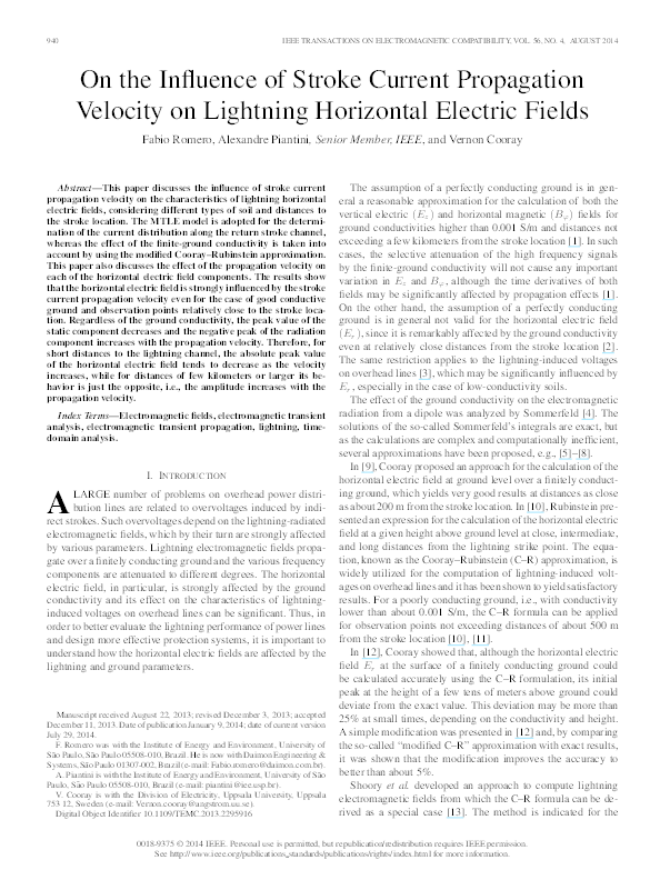 (PDF) On the Influence of Stroke Current Propagation Velocity on Lightning Horizontal Electric ...
