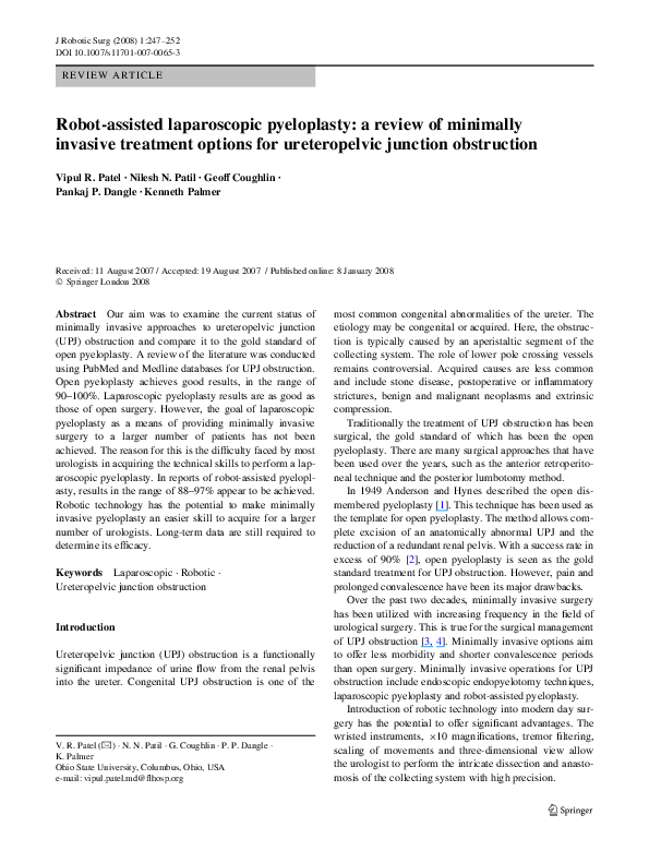 (PDF) Robot Assisted Laparoscopic Pyeloplasty: a review of the current status | Vipul Patel ...