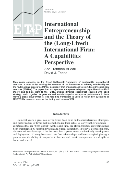(PDF) International Entrepreneurship and the Theory of the (Long-Lived) International Firm: A ...