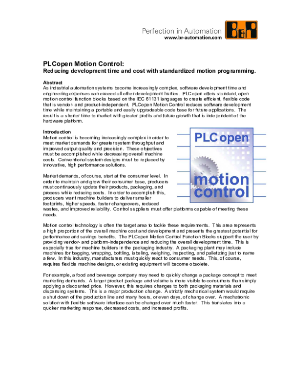 (PDF) PLCopen Motion Control: Reducing development time and cost with standardized motion ...