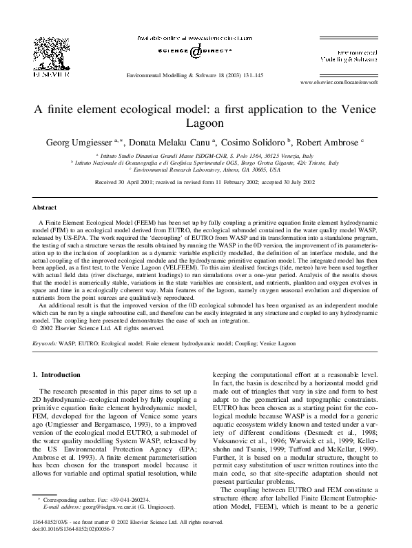 Pdf A Finite Element Ecological Model A First Application To The