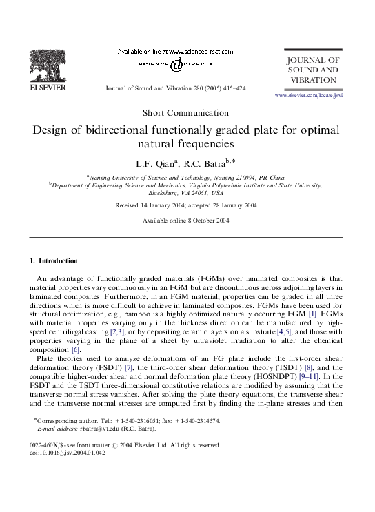 Pdf Design Of Bidirectional Functionally Graded Plate For Optimal Natural Frequencies