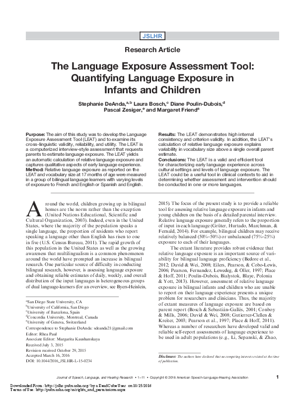 (PDF) The Language Exposure Assessment Tool: Quantifying Language ...