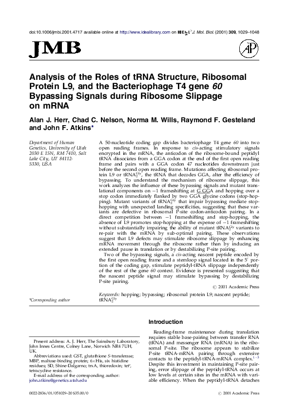 (PDF) Analysis of the roles of tRNA structure, ribosomal protein L9 ...