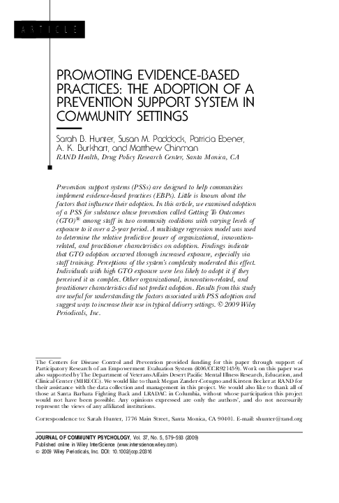 (PDF) Promoting evidence-based practices: the adoption of a prevention support system in ...