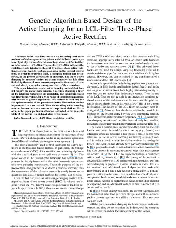 Pdf Genetic Algorithm Based Design Of The Active Damping For An Lcl