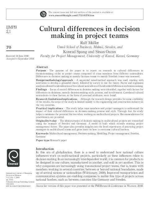 (PDF) Cultural differences in decision making in project teams