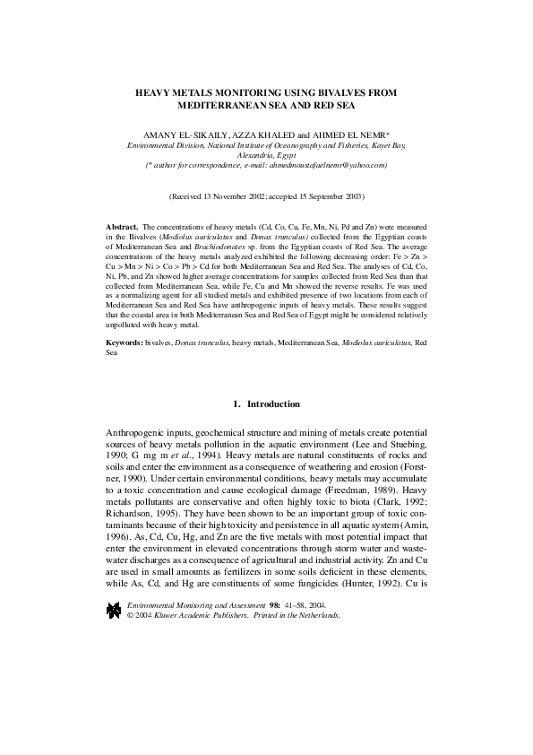 (PDF) Heavy Metals Monitoring using Bivalves from Mediterranean Sea and ...