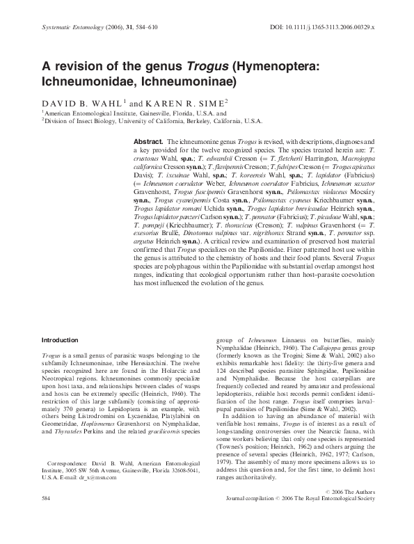 (PDF) A revision of the genus Trogus (Hymenoptera: Ichneumonidae ...