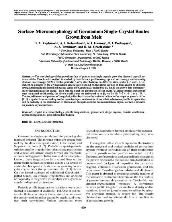 (PDF) Surface micromorphology of germanium single-crystal boules grown from melt