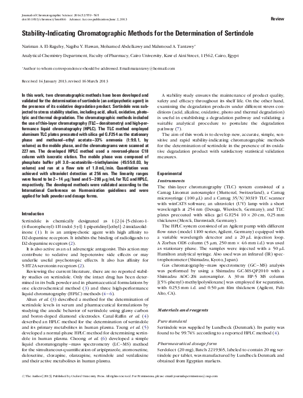 (PDF) Stability-Indicating Chromatographic Methods for the Determination of Sertindole