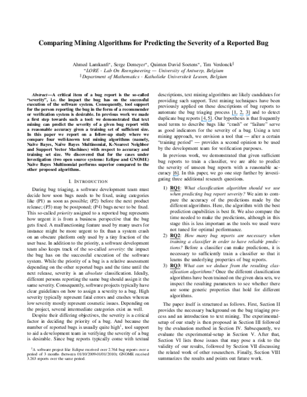 (PDF) Comparing Mining Algorithms for Predicting the Severity of a Reported Bug