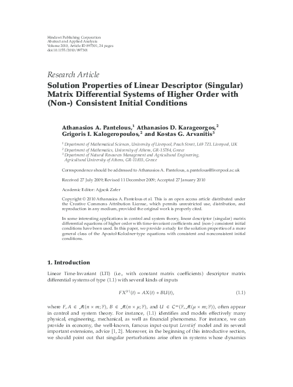 Pdf Solution Properties Of Linear Descriptor Singular Matrix Differential Systems Of Higher