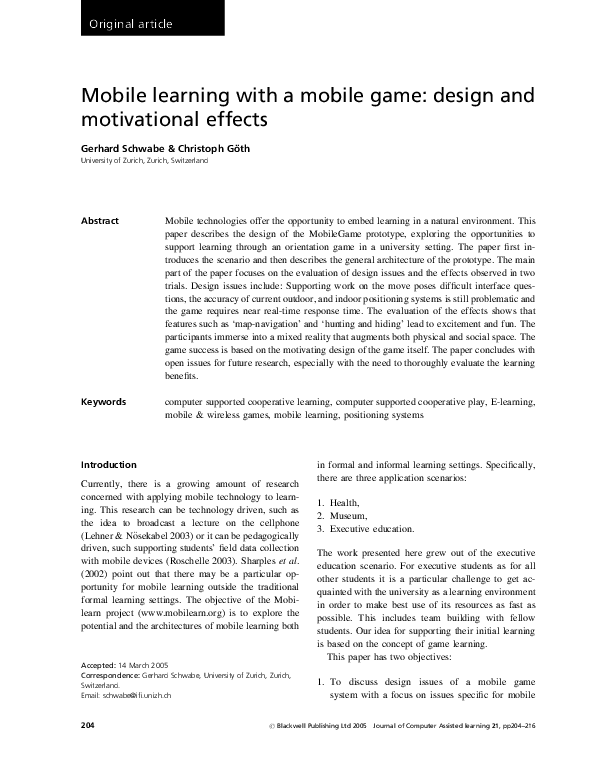 (PDF) Mobile learning with a mobile game: design and motivational effects