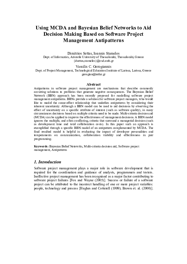 (PDF) Using MCDA and Bayesian Belief Networks to Aid Decision Making Based on Software Project ...