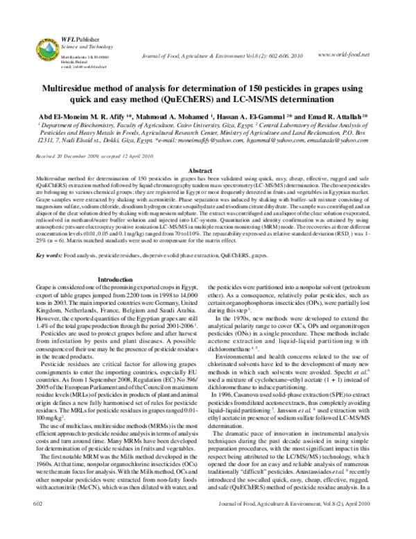 (PDF) Multiresidue method of analysis for determination of 150 pesticides in grapes using quick ...