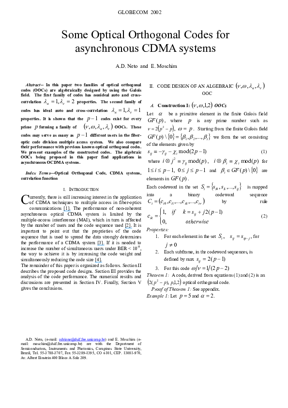 (PDF) Some optical orthogonal codes for asynchronous CDMA systems