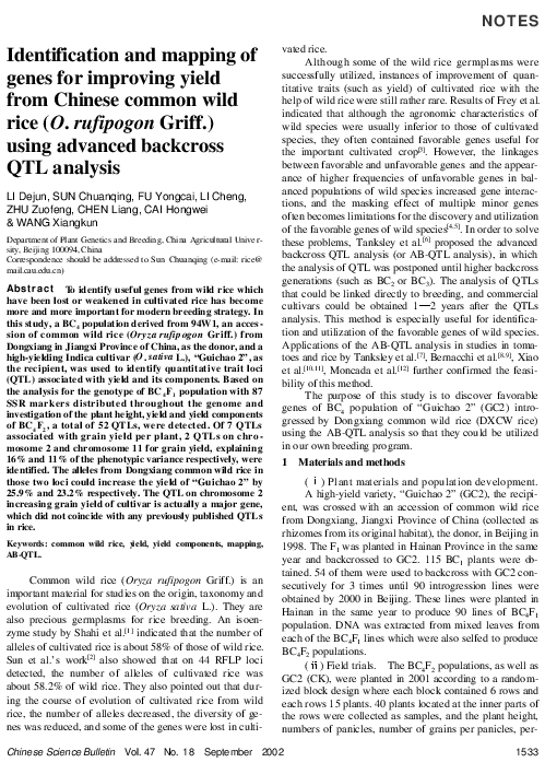 (PDF) Identification and mapping of genes for improving yield from ...