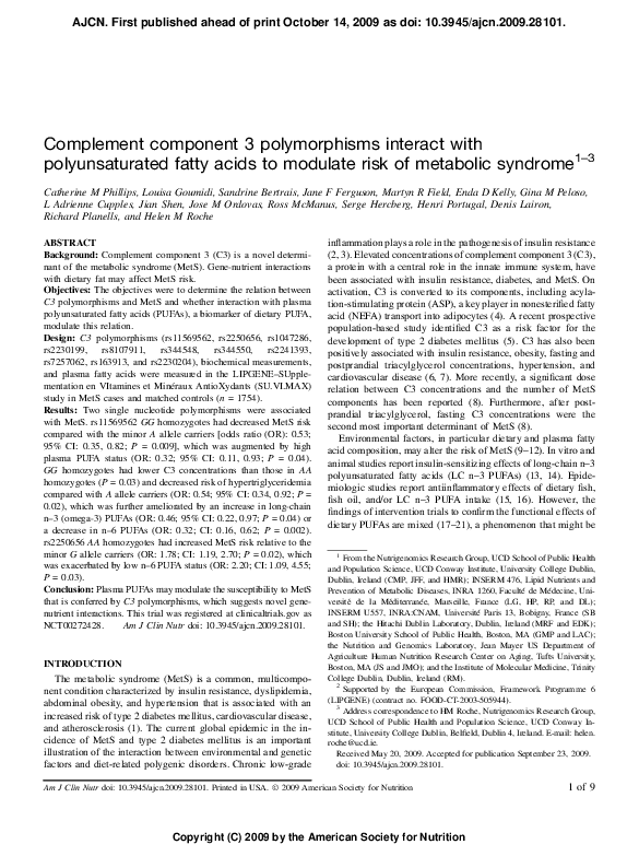 (PDF) Complement component 3 polymorphisms interact with polyunsaturated fatty acids to modulate ...