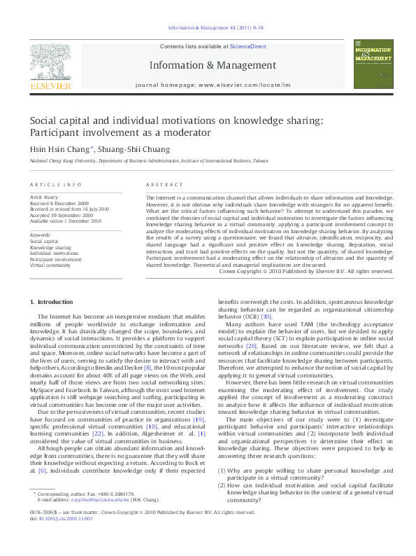 (PDF) Social capital and individual motivations on knowledge sharing: Participant involvement as ...