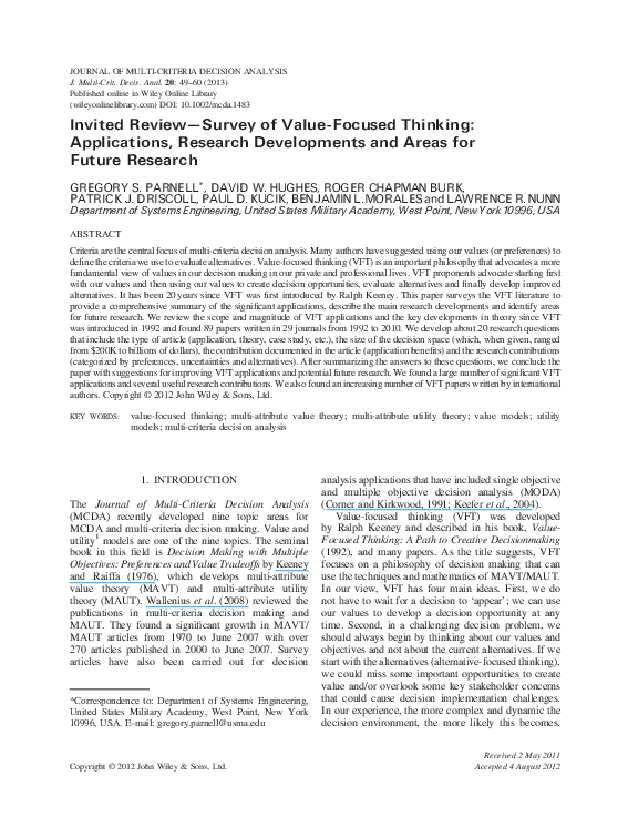 (PDF) Invited Review-Survey of Value-Focused Thinking: Applications, Research Developments and ...