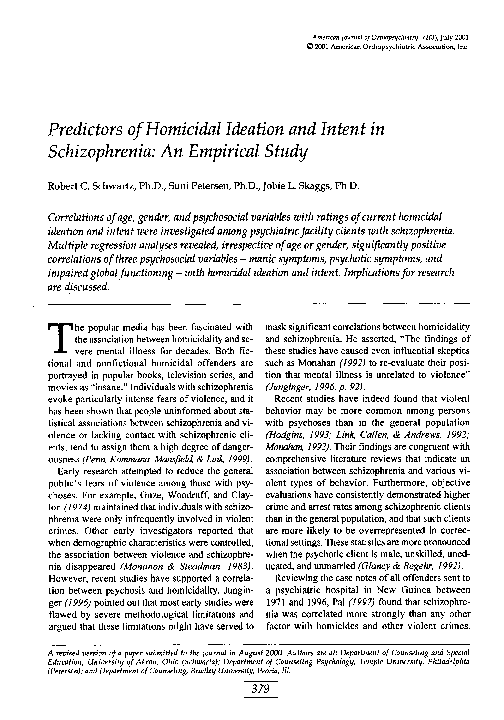 (PDF) Predictors of homicidal ideation and intent in schizophrenia: An ...