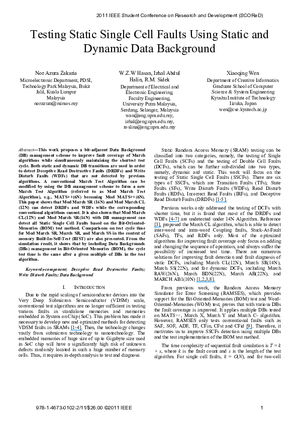 Pdf Testing Static Single Cell Faults Using Static And Dynamic Data Background