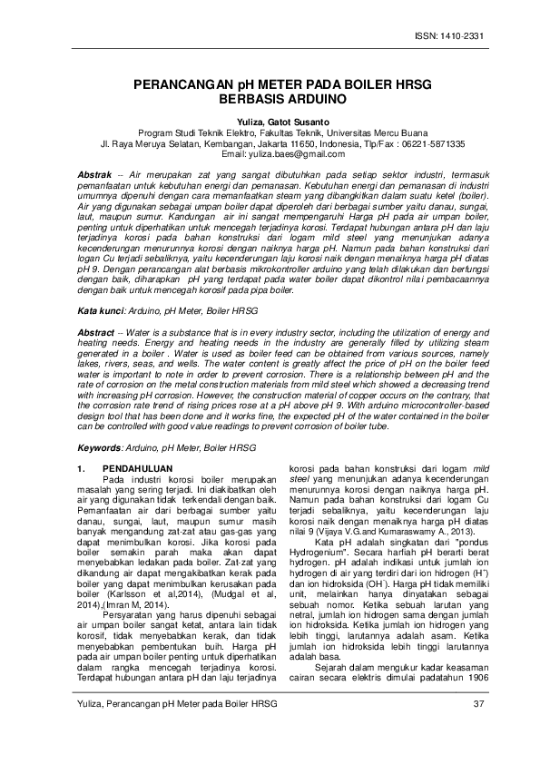(PDF) PERANCANGAN pH METER PADA BOILER HRSG BERBASIS ARDUINO