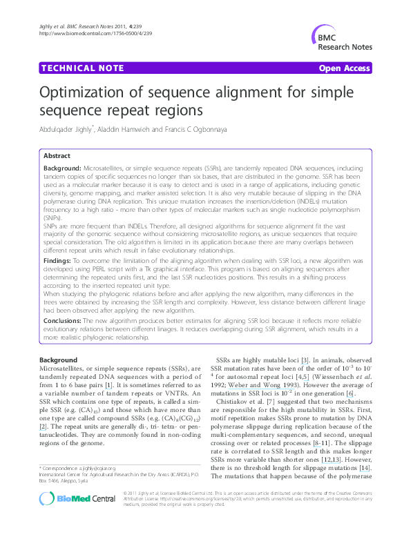 (PDF) Optimization of sequence alignment for simple sequence repeat ... (PDF) Optimization of sequence alignment for simple sequence repeat ...