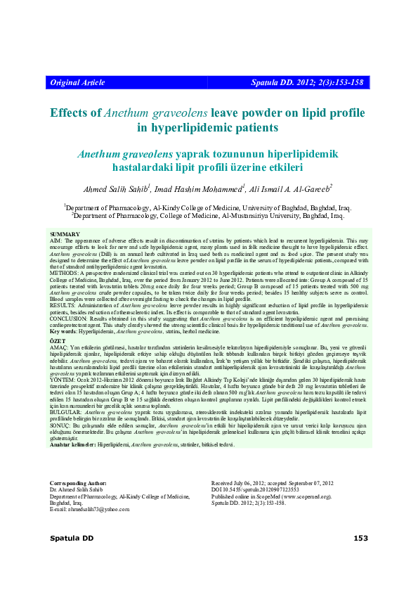 (PDF) Effects of Anethum graveolens leave powder on lipid profile in ...