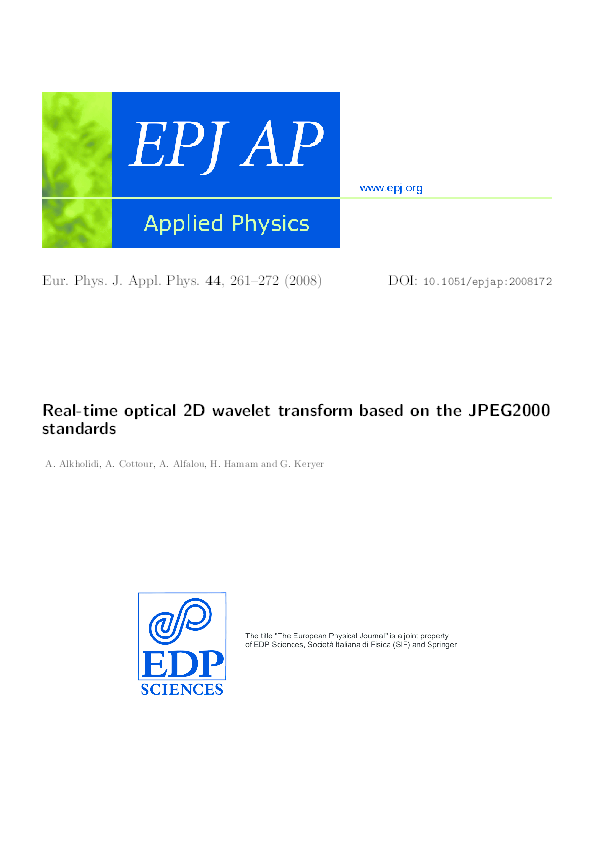 Pdf Real Time Optical 2d Wavelet Transform Based On The Jpeg2000 Standards