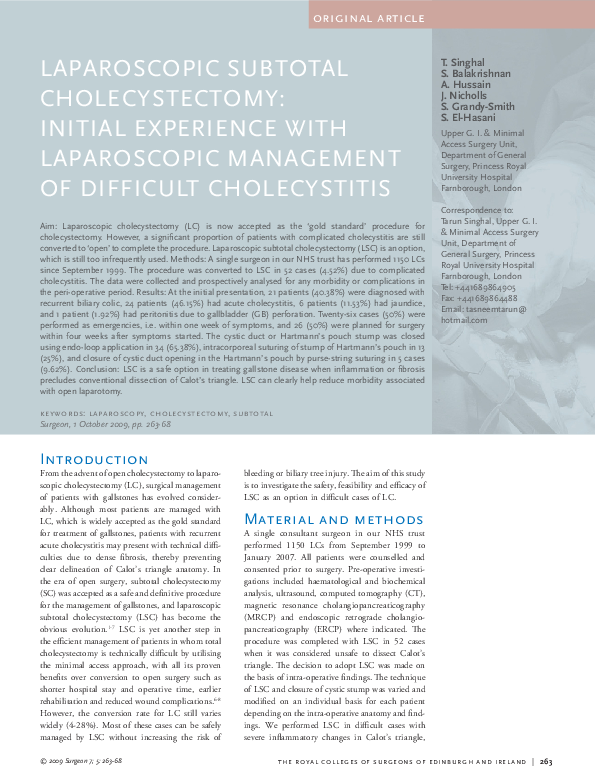 (PDF) Laparoscopic subtotal cholecystectomy: Initial experience with ...
