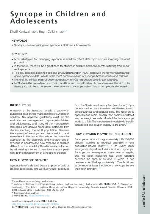 (PDF) Syncope in Children and Adolescents