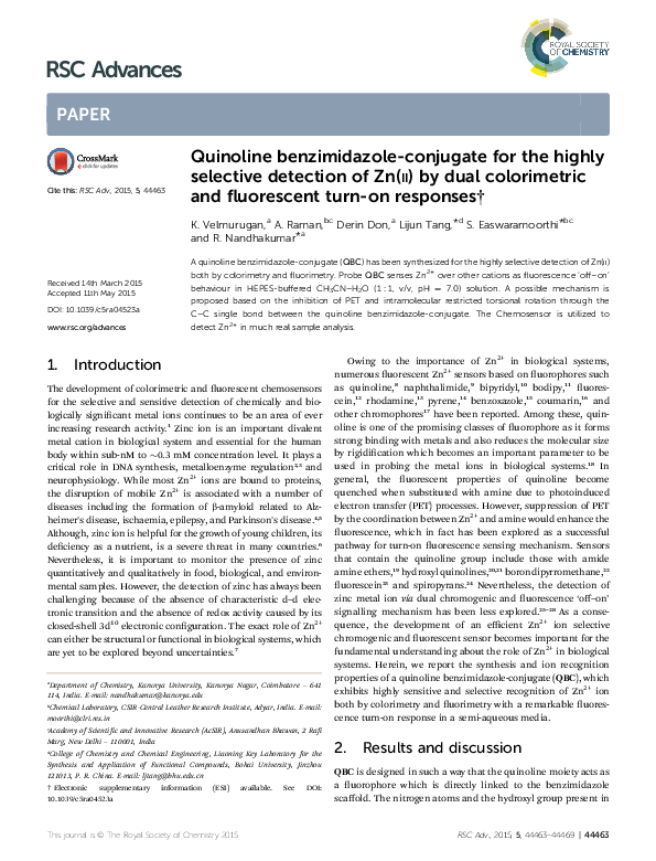 (PDF) Quinoline benzimidazole-conjugate for the highly selective detection of Zn( ii ) by dual ...