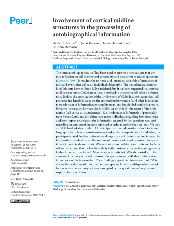 (PDF) Involvement of cortical midline structures in the processing of autobiographical information