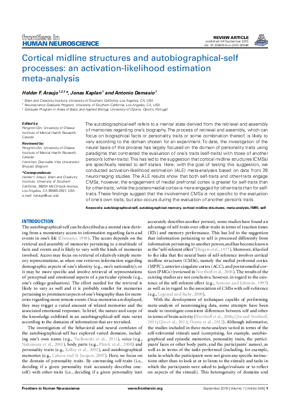 (PDF) Cortical Midline Structures and Autobiographical-Self Processes: An Activation-Likelihood ...