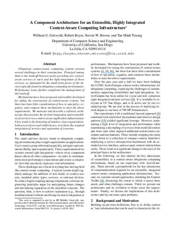 Pdf A Component Architecture For An Extensible Highly Integrated Context Aware Computing