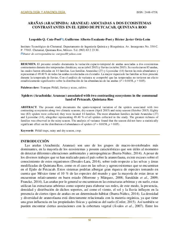 (PDF) ARAÑAS (ARACHNIDA: ARANEAE) ASOCIADAS A DOS ECOSISTEMAS ...