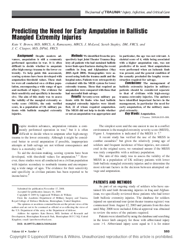 (PDF) Predicting the Need for Early Amputation in Ballistic Mangled Extremity Injuries
