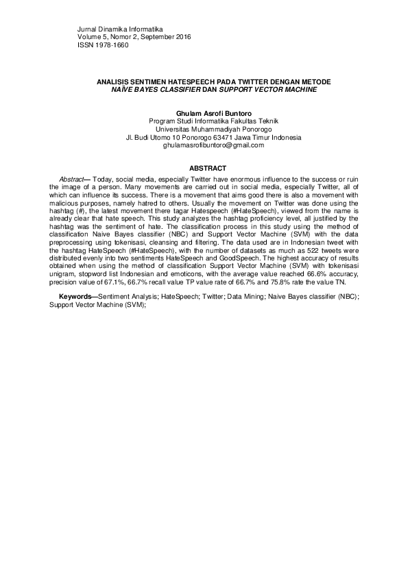 Pdf Analisis Sentimen Hatespeech Pada Twitter Dengan Metode NaÏve Bayes Classifier Dan Support