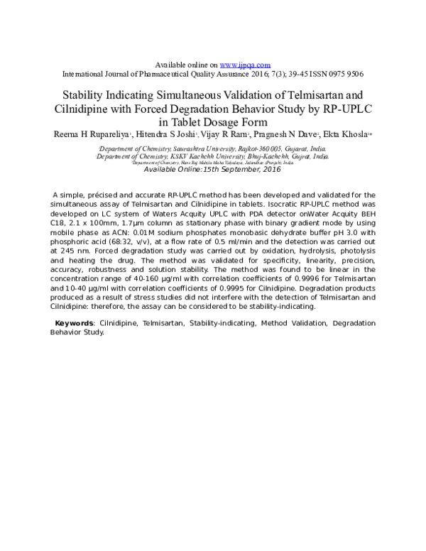 (DOC) Stability Indicating Simultaneous Validation of Telmisartan and Cilnidipine with Forced ...