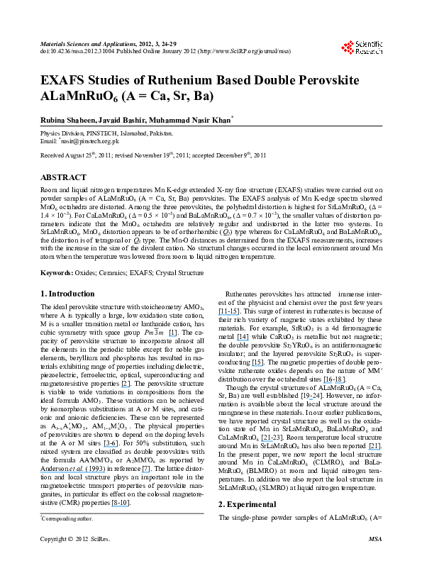 (PDF) EXAFS Studies of Ruthenium Based Double Perovskite ALaMnRuO 6 (A ...