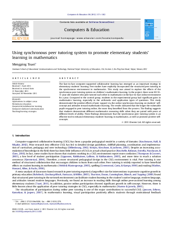 (PDF) Using synchronous peer tutoring system to promote elementary ...