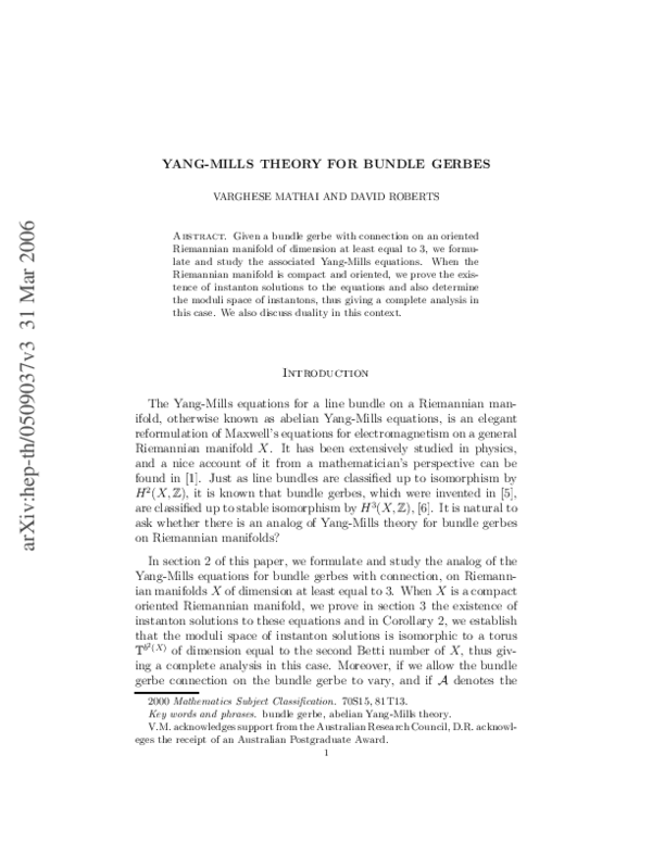 (PDF) Yang–Mills theory for bundle gerbes | Varghese Mathai - Academia.edu