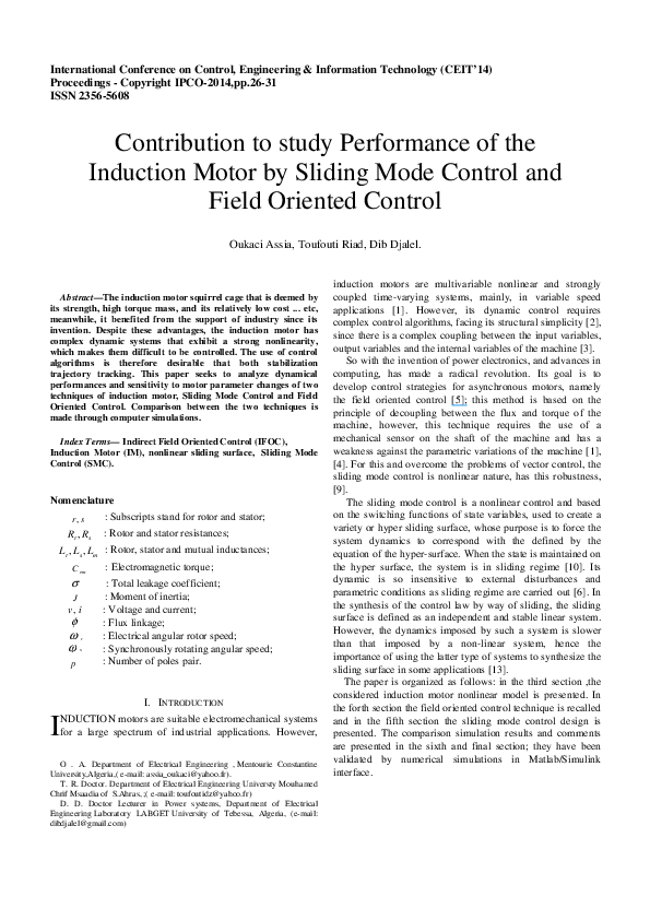 (PDF) Contribution to Study Performance of the Induction Motor by Sliding Mode Control and Field ...