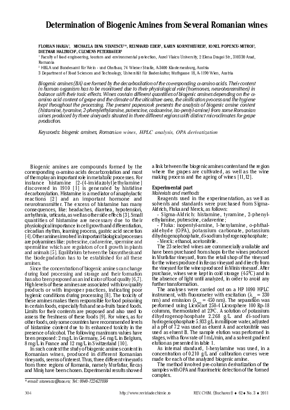 Pdf Determination Of Biogenic Amines From Several Romanian Wines
