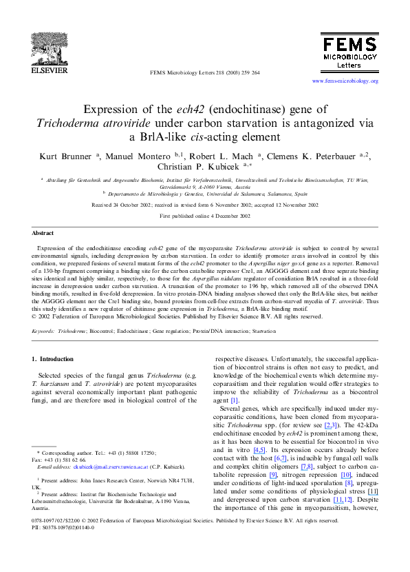(PDF) Expression of the ech42 (endochitinase) gene of Trichoderma atroviride under carbon ...