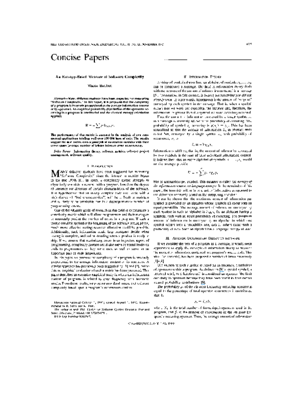 Pdf An Entropy Based Measure Of Software Complexity