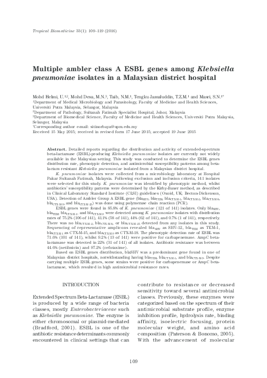 (PDF) Multiple ambler class A ESBL genes among Klebsiella pneumoniae ...